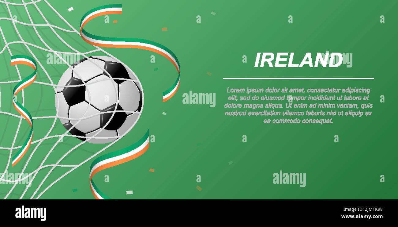 Soccer background with flying ribbons in colors of the flag of Ireland ...