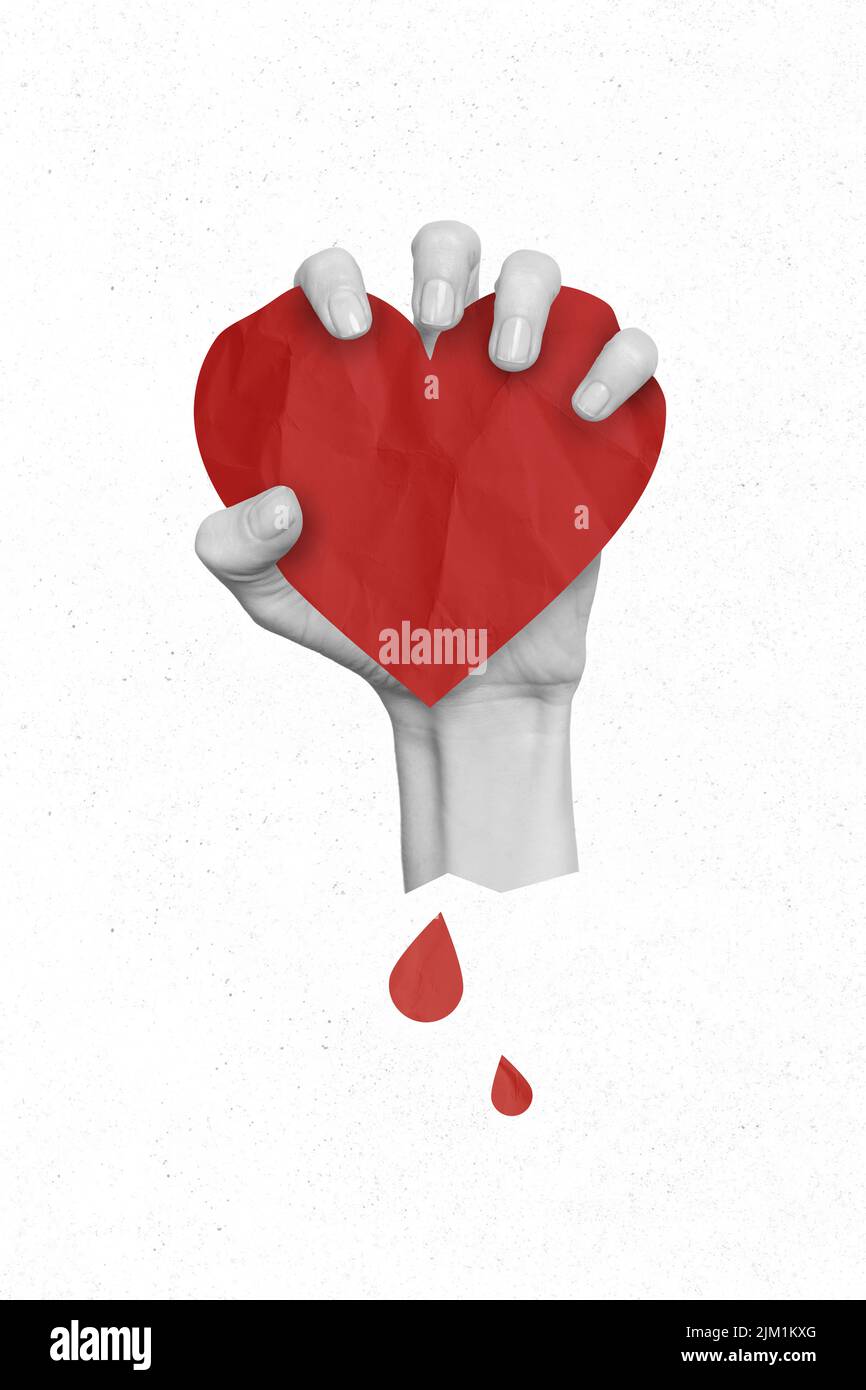 Vertical collage illustration of human arm black white gamma hold heart ...