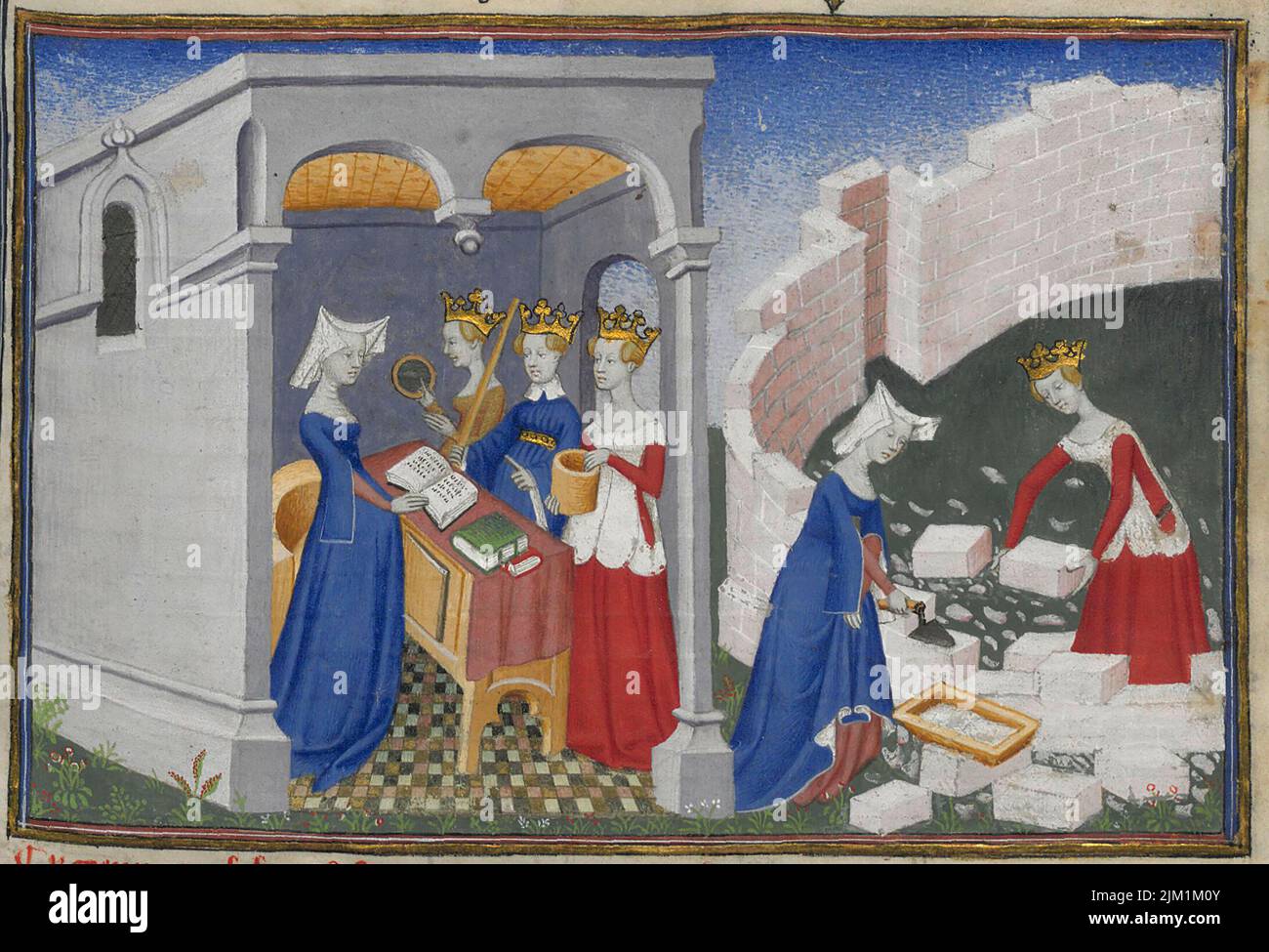 Christine de Pizan builds her city. Miniature from Cité des dames by ...