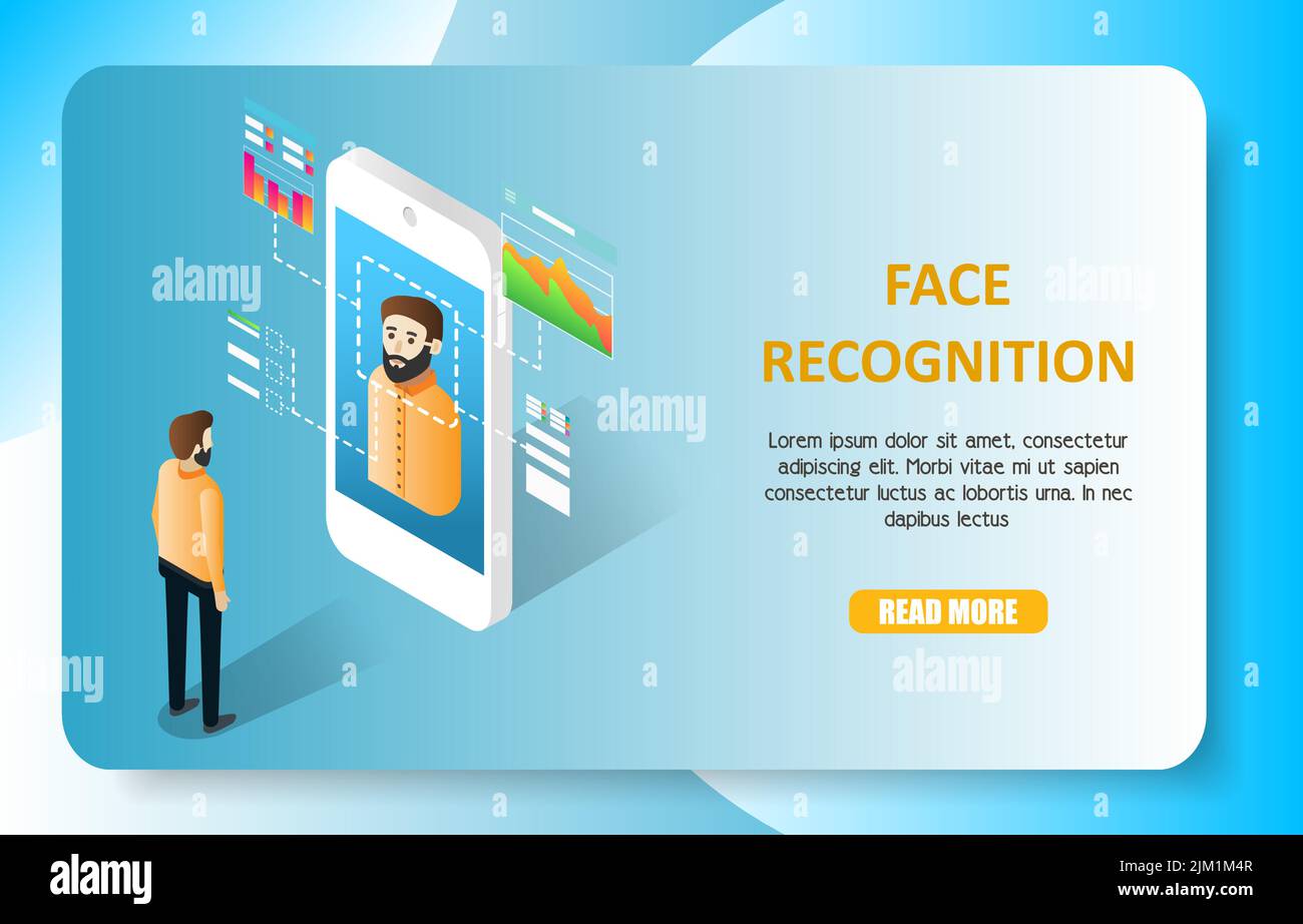 Face recognition landing page website template. Vector isometric illustration of smartphone with ...