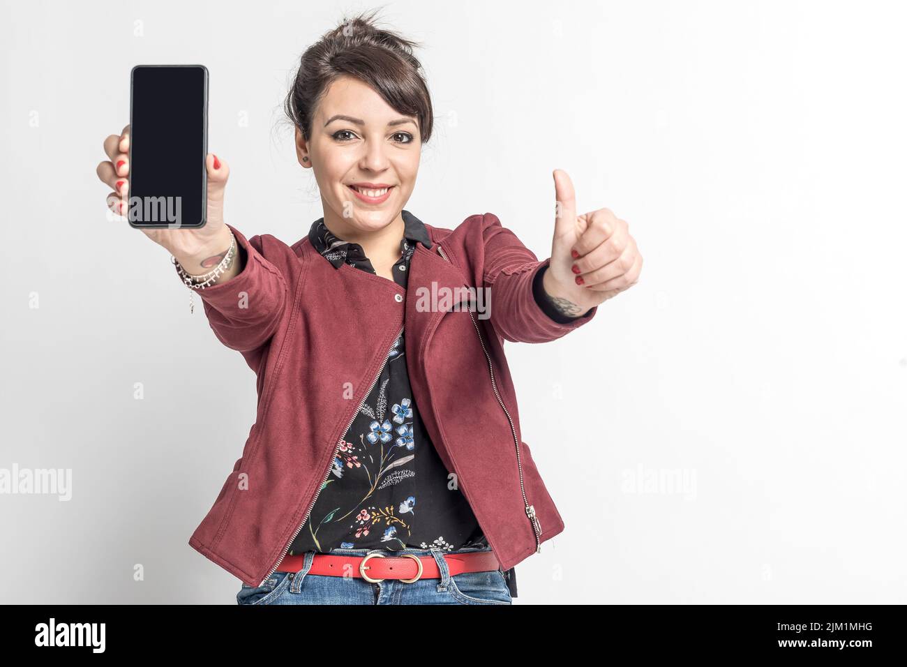Photo portrait woman casual outfit showing like sign thumb-up smiling ...