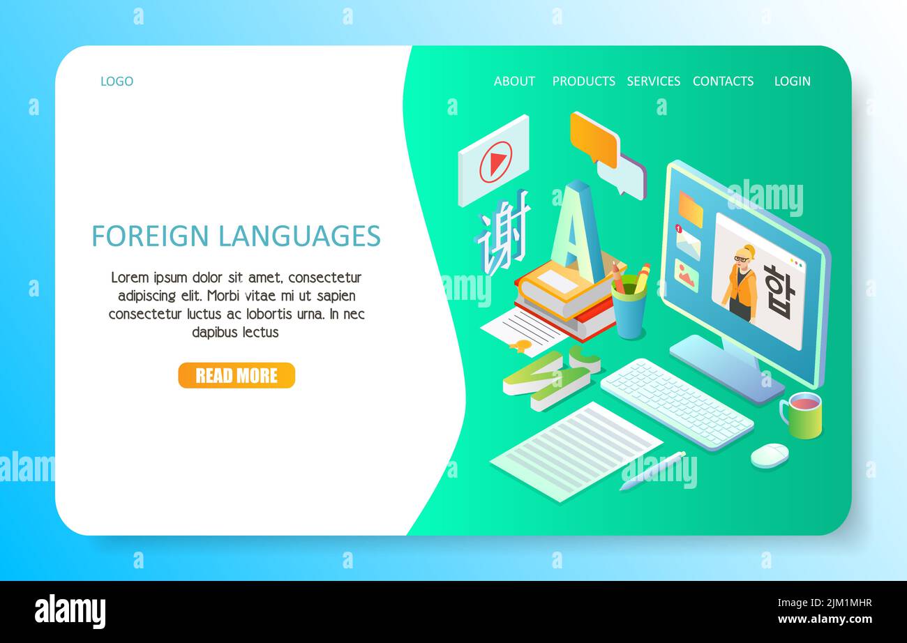 Foreign languages landing page website template. Vector isometric ...