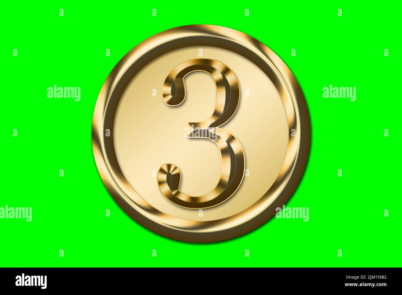 A Number 3 in gold in a golden circle on a green background. Graphic ...