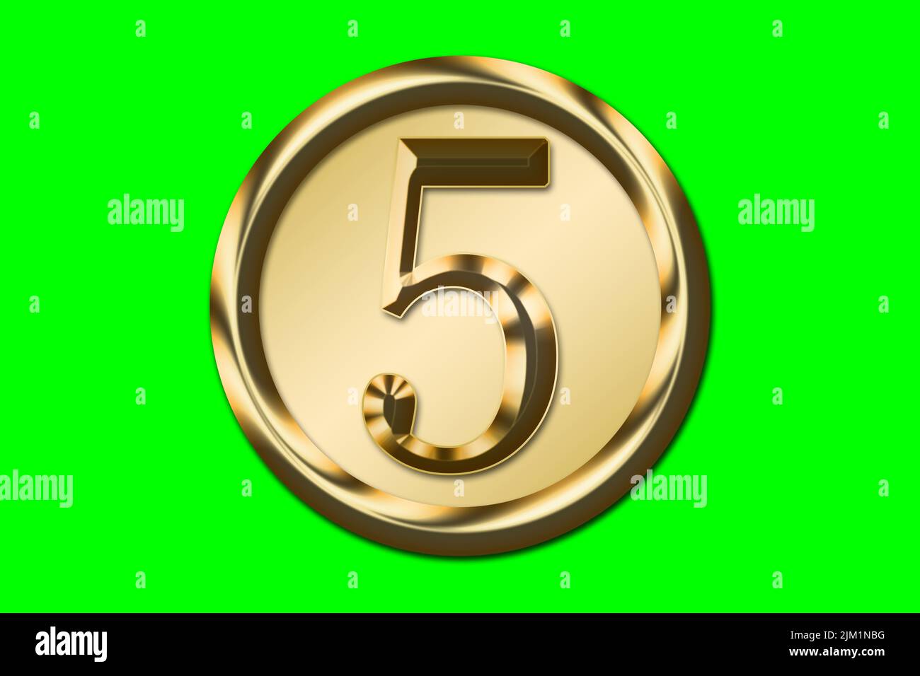 A Number 5 in gold in a golden circle on a green background. Graphic ...