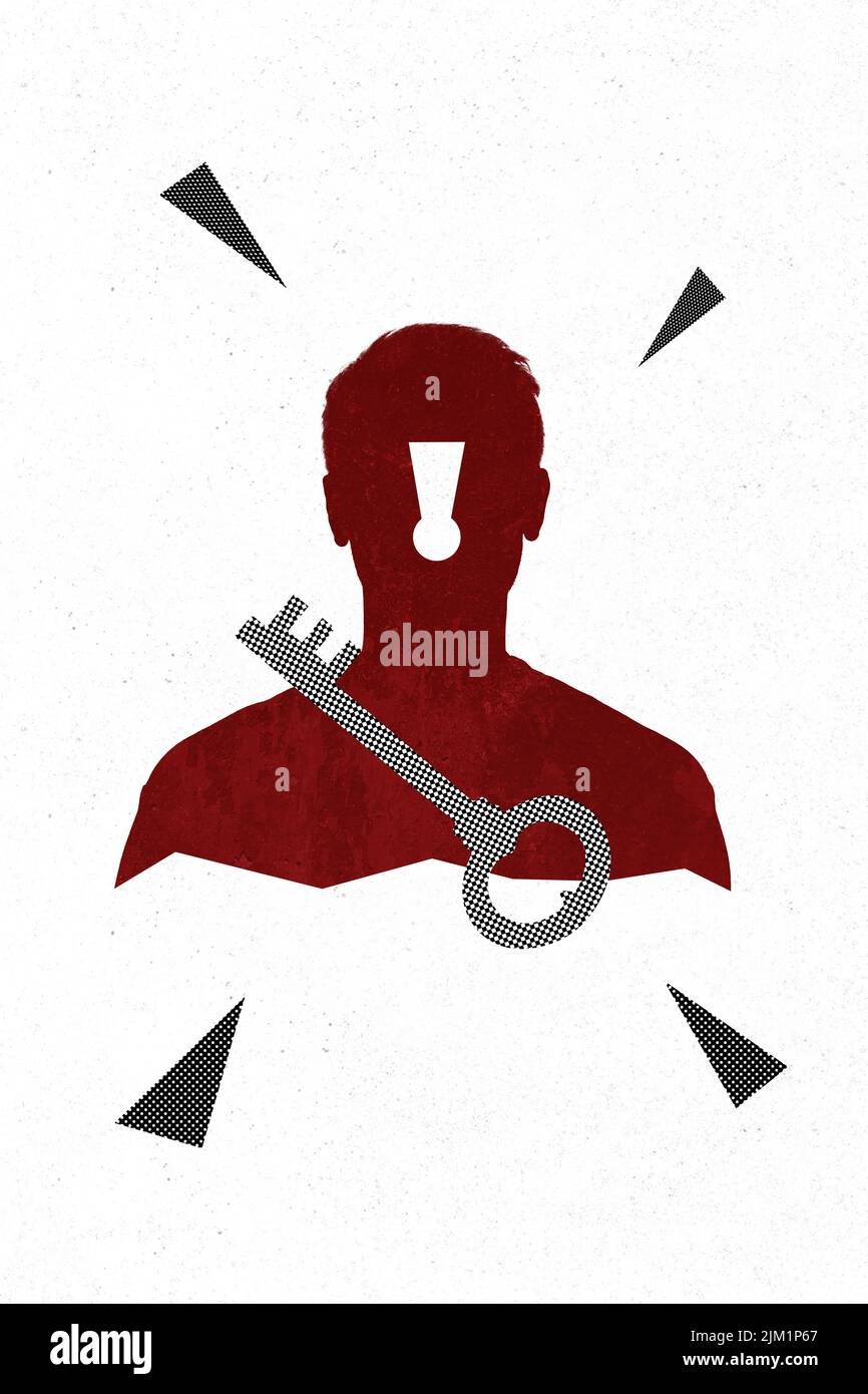 Vertical banner collage of guy open head isolated on painting white ...