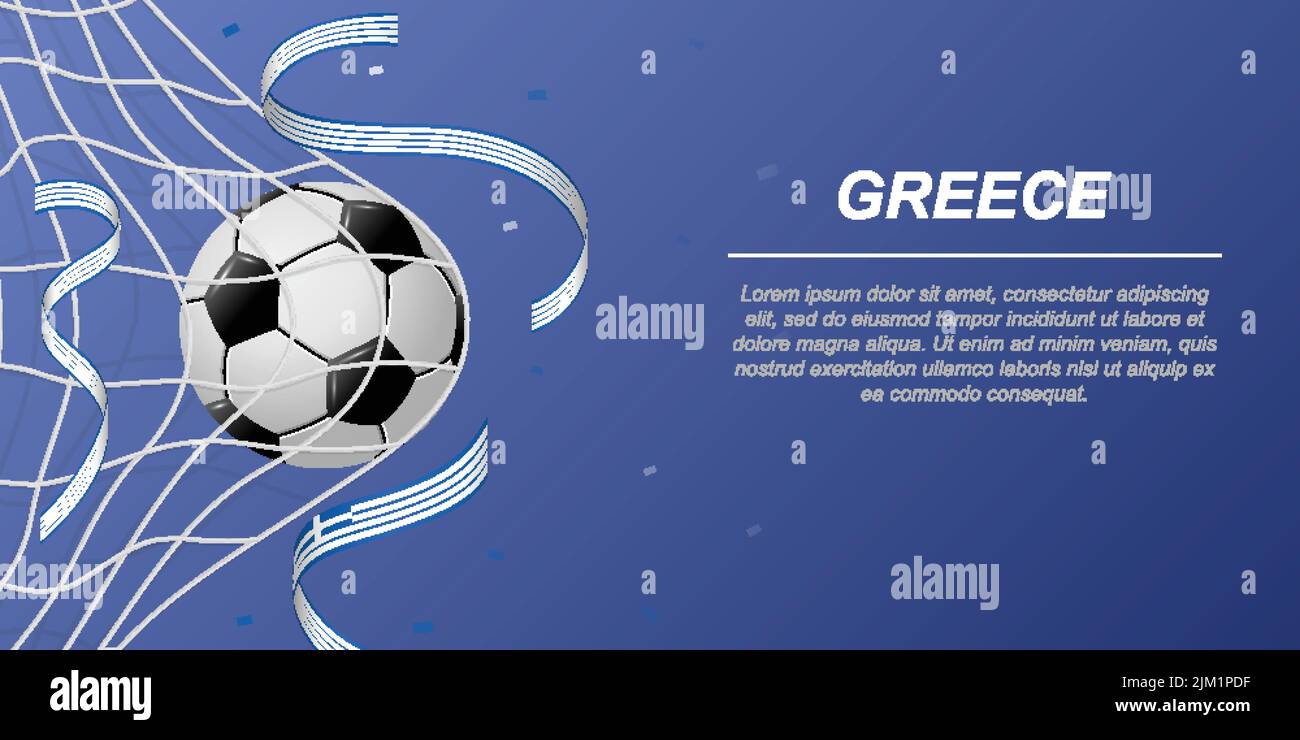Soccer background with flying ribbons in colors of the flag of Greece ...
