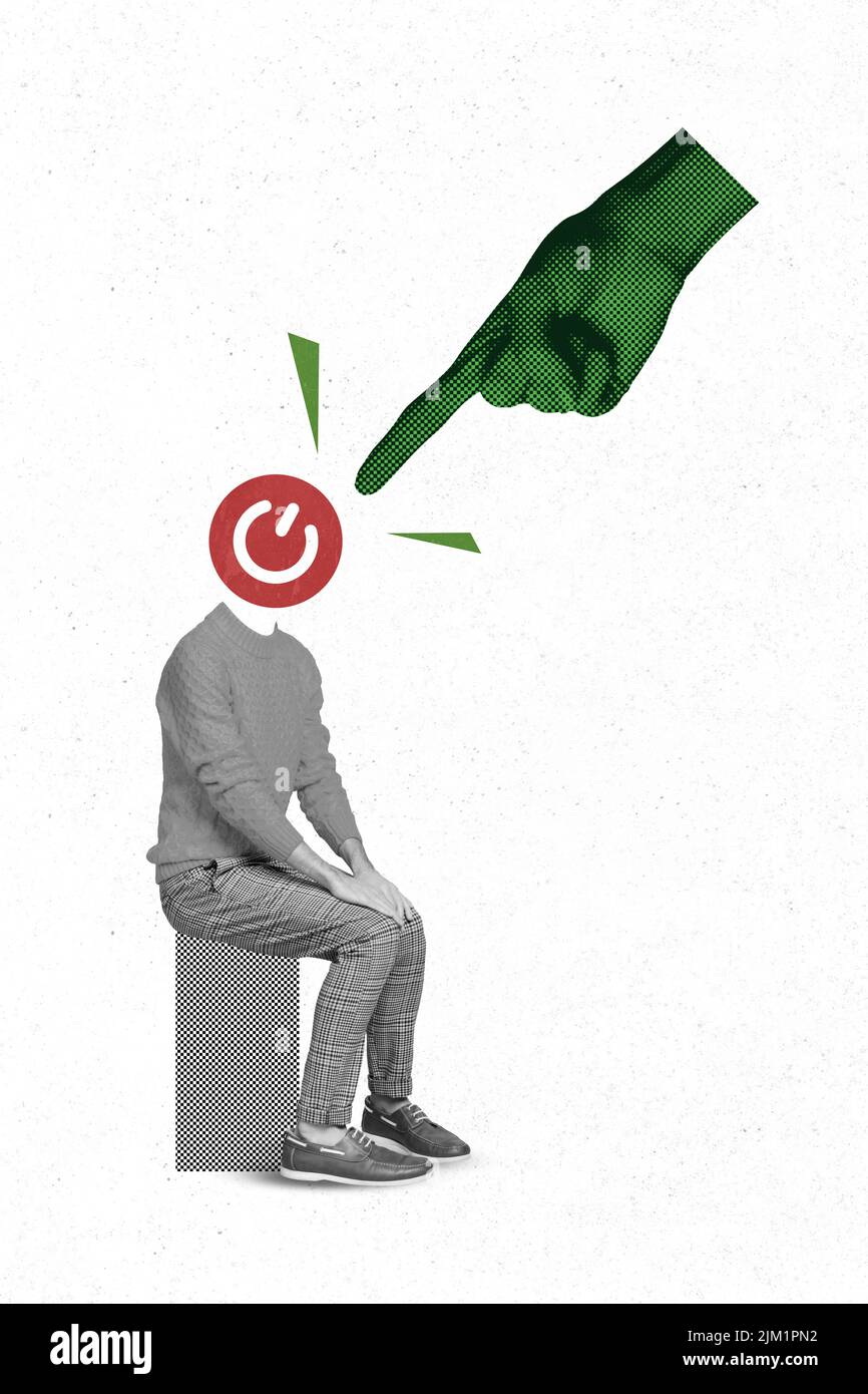 Vertical collage of huge hand point finger touch small person power ...