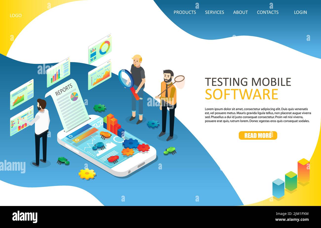Testing mobile software landing page website template. Vector isometric ...