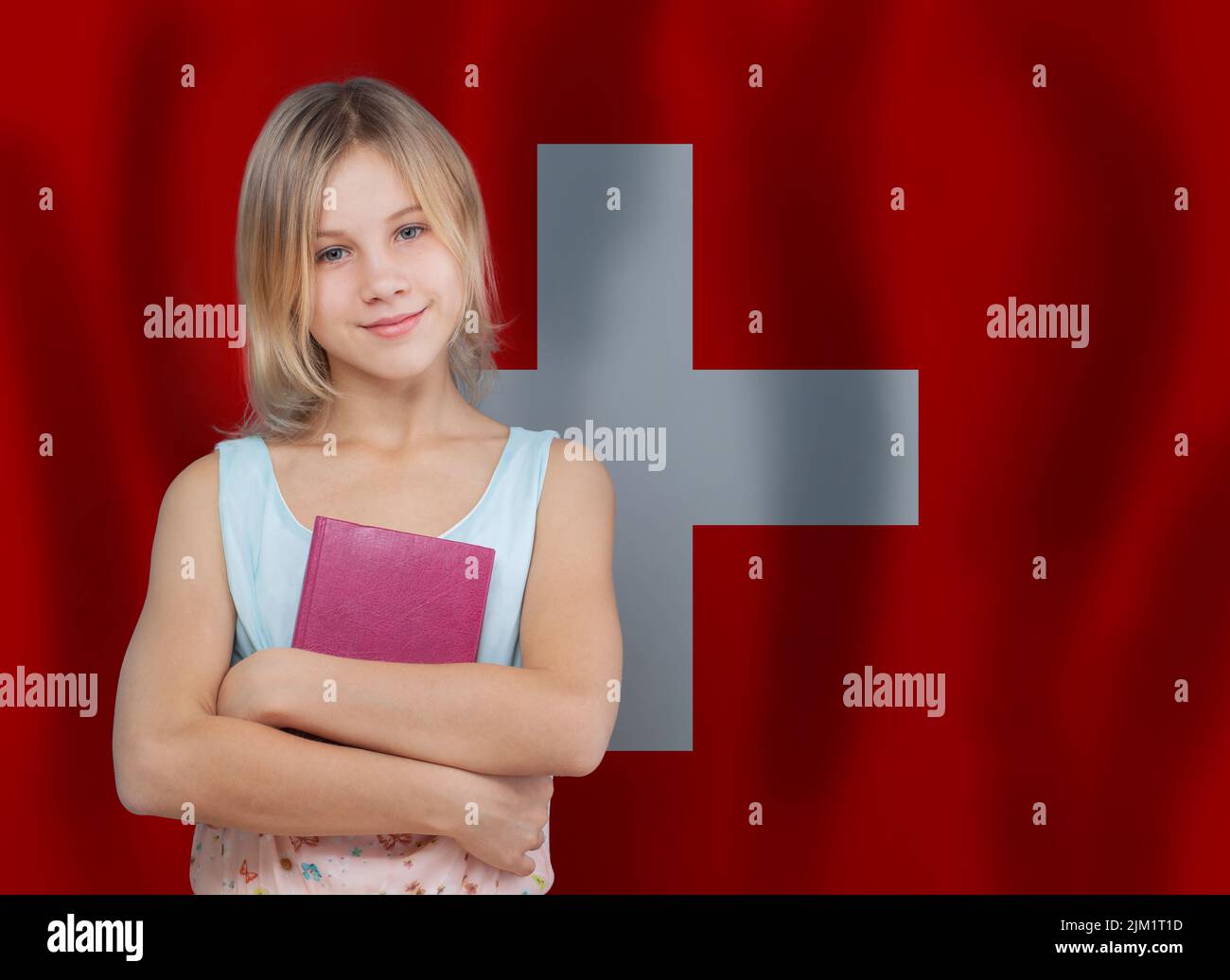 Young student girl on Swiss flag background. Education and school in ...