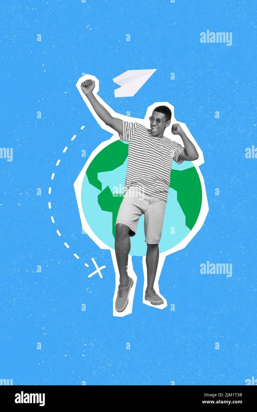 Photo collage of young dancing celebrating guy retro behind earth ...