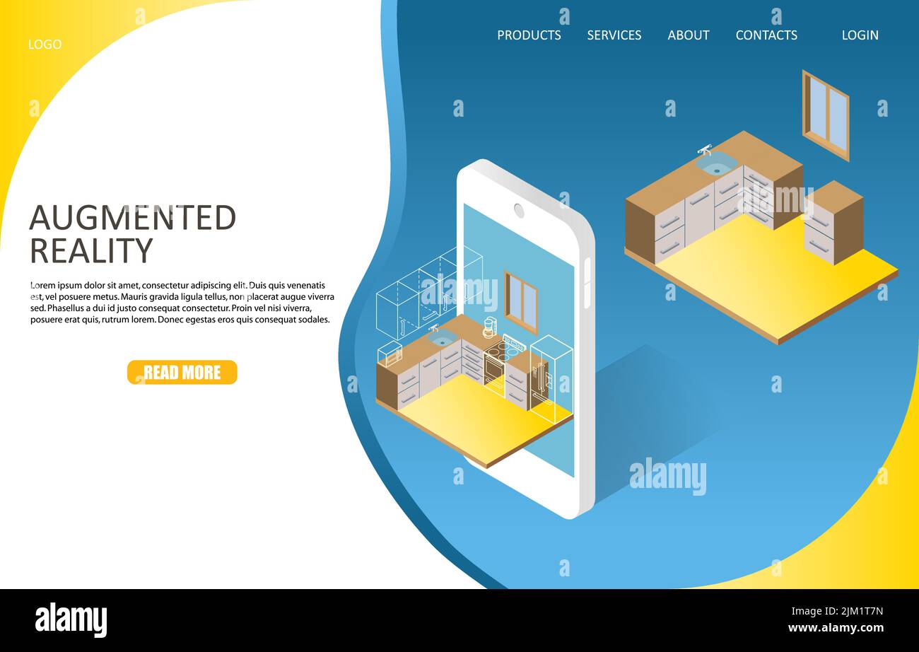Augmented reality landing page website template. Vector isometric smartphone with augmented ...
