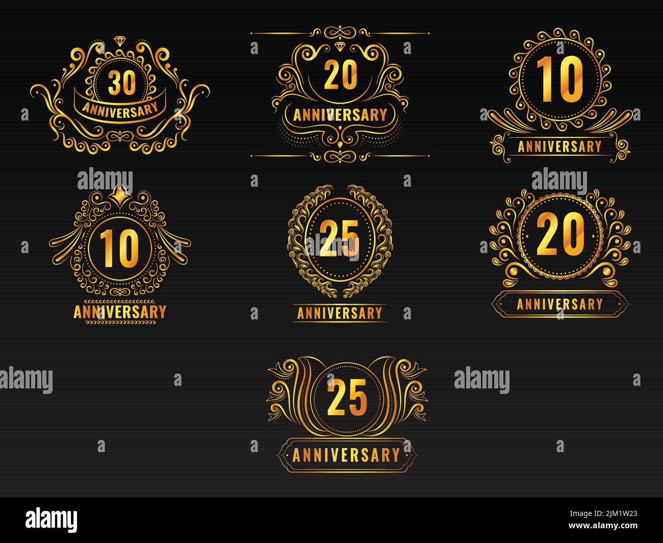 Set Of Golden Year Anniversary Emblem Logo On Black Background Stock ...