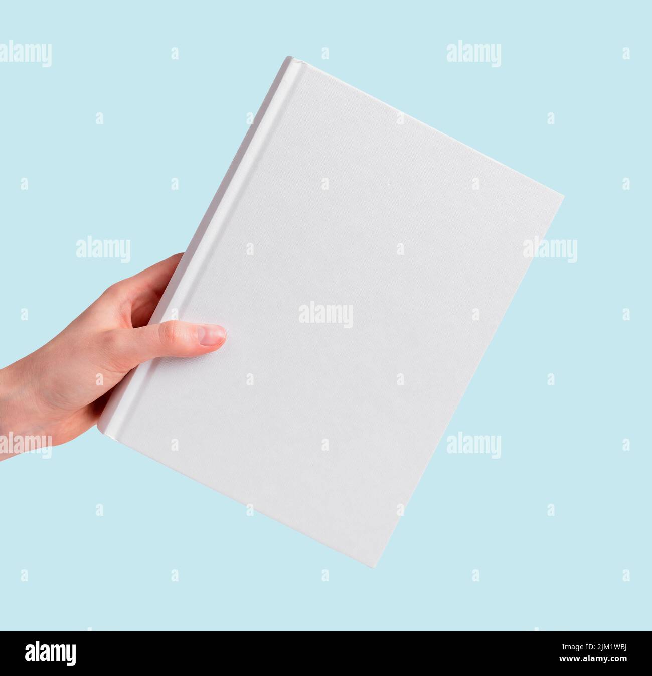 Hand holding book mockup on blue background. White cover template ...