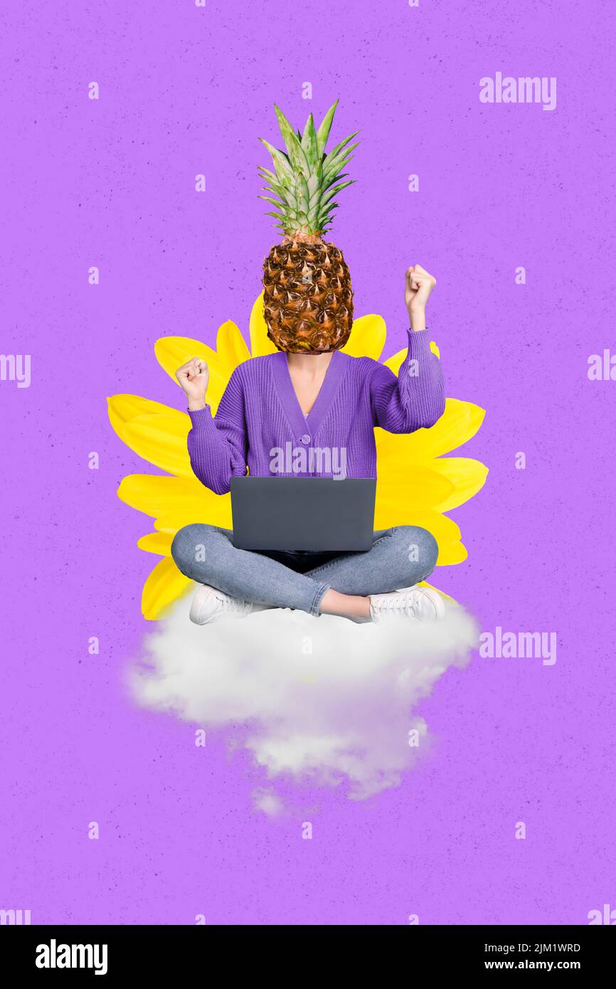 Vertical collage picture of overjoyed delighted girl pineapple instead ...