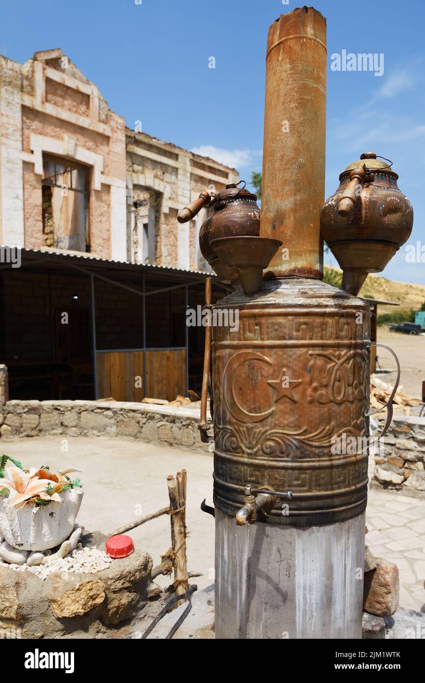 Vintage turkish samovar shown in a street cafe. Dagestan, Russia Stock ...