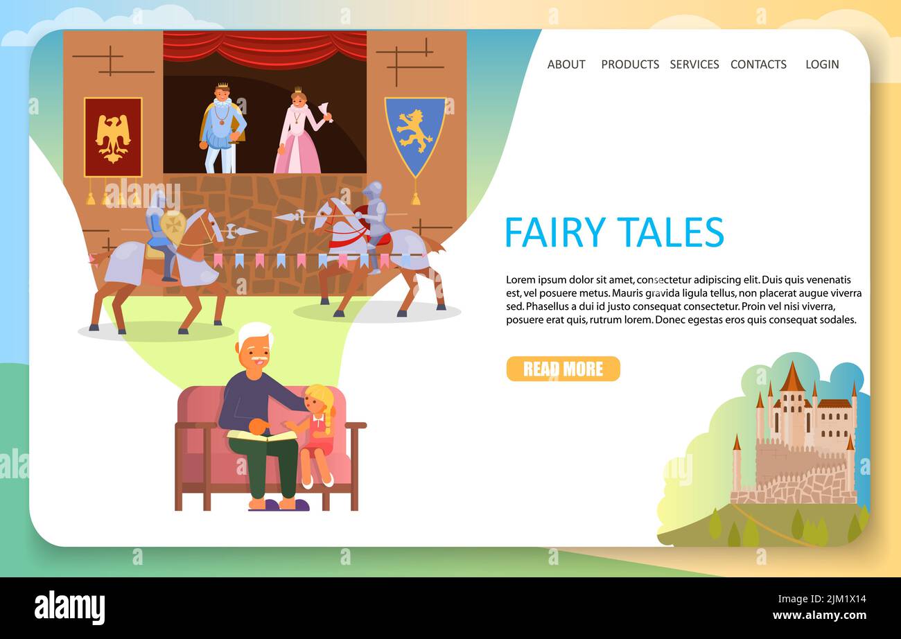Fairy tales landing page website template. Vector flat illustration of ...