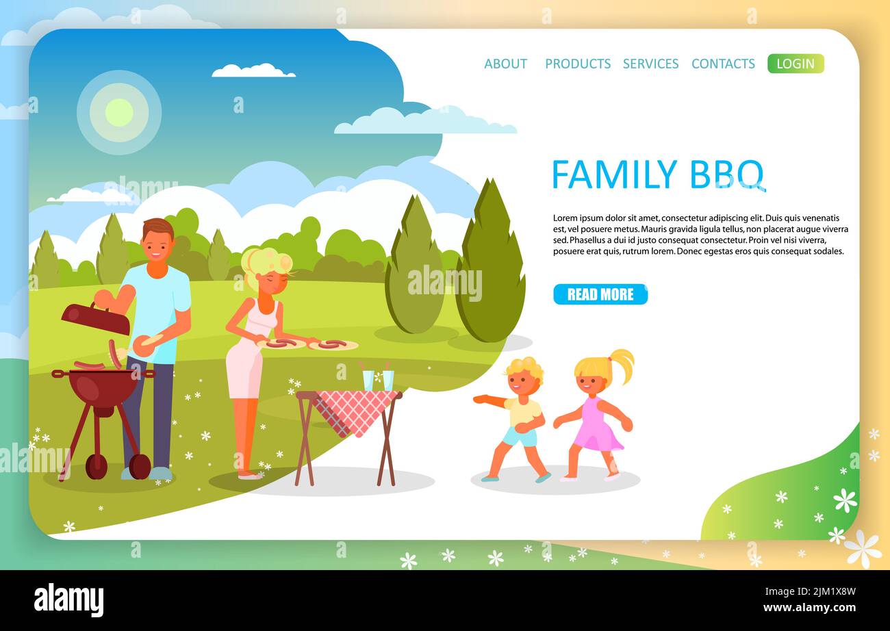 Family bbq landing page website template. Vector illustration of happy ...