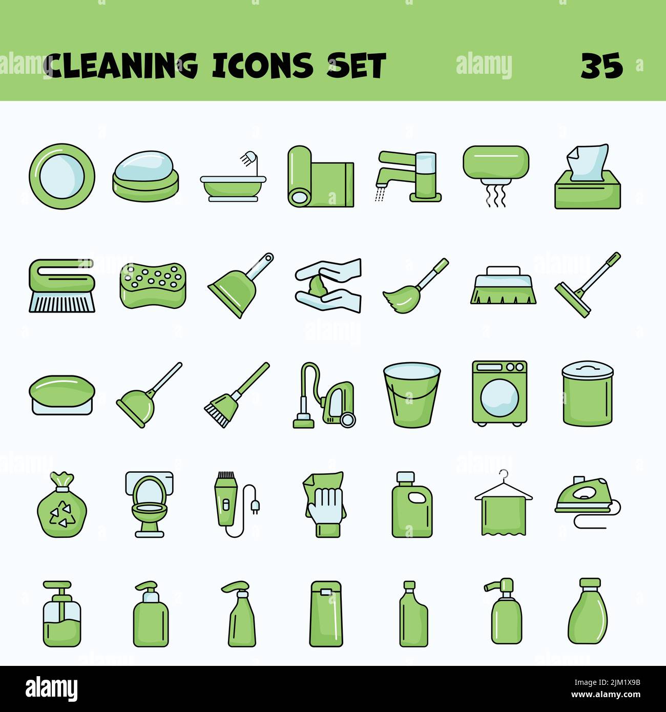 Green And Blue Color Set Of Cleaning Icons Set In Flat Style Stock ...