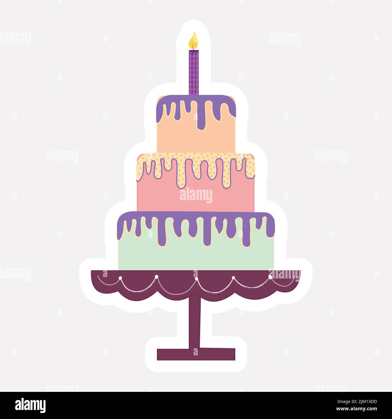 Colorful Three Layer Cake With Burning Candle In Sticker Style Stock ...