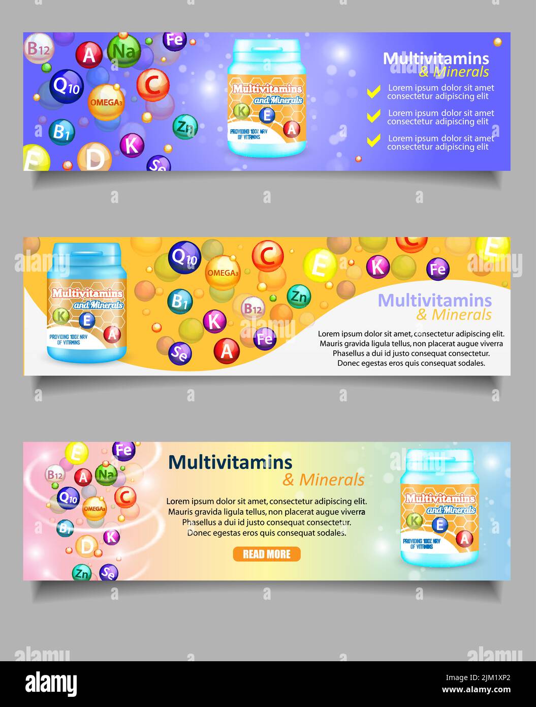 Vector set of essential vitamin and mineral complex banners ...