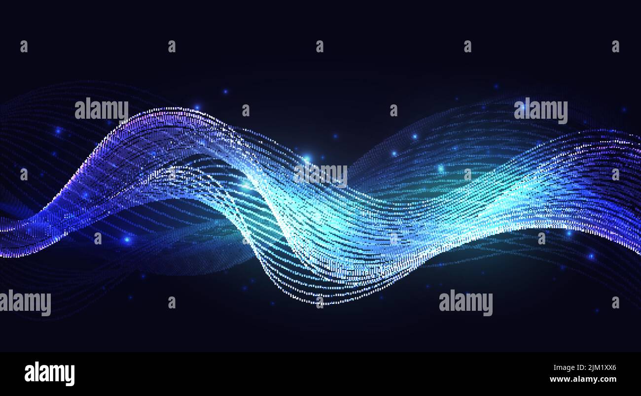 Luminous neon blue waves, abstract light shine effect vector illustration. Magic shining wind ...