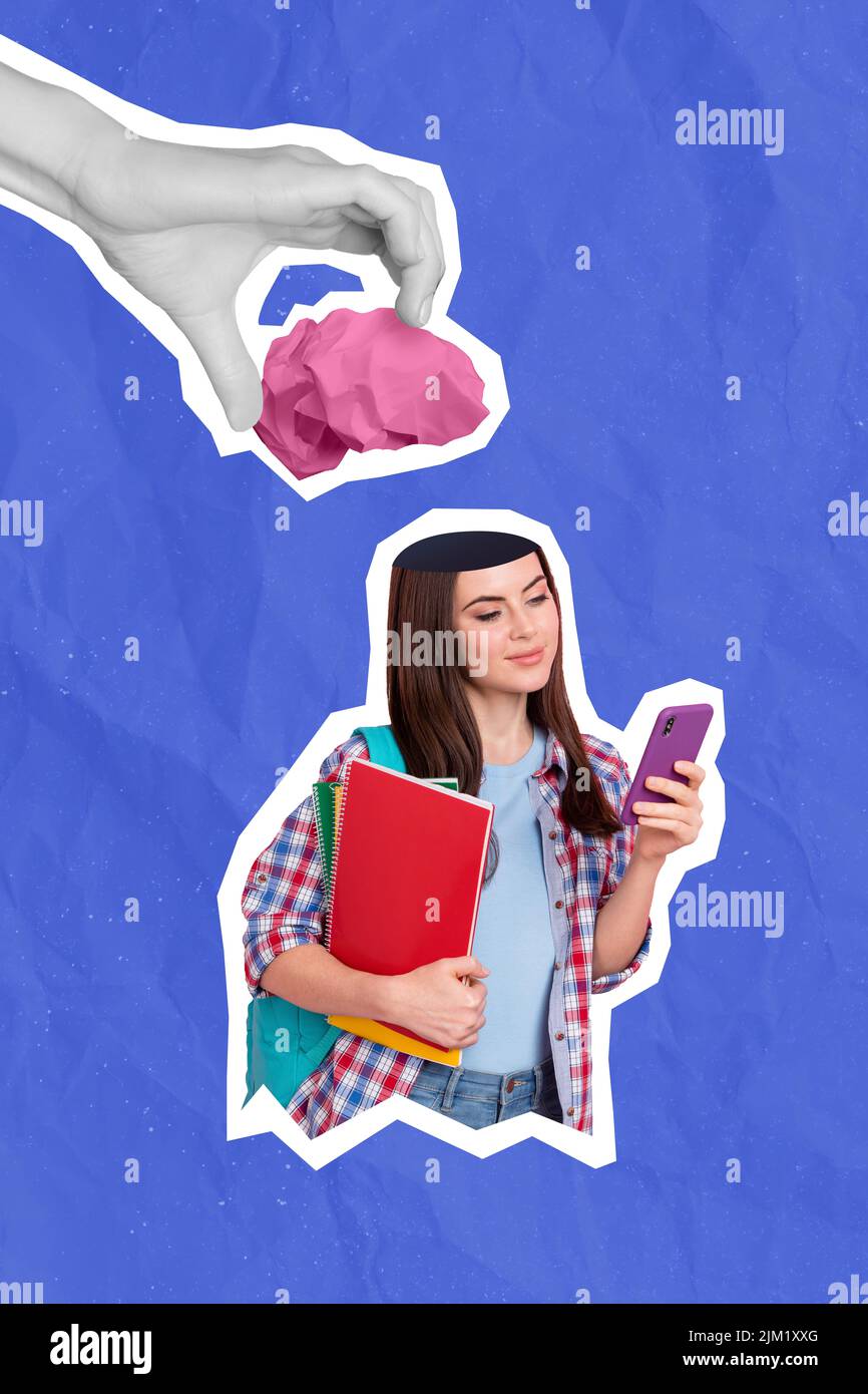 Poster collage of high school lady using gadget browsing webinars hand ...