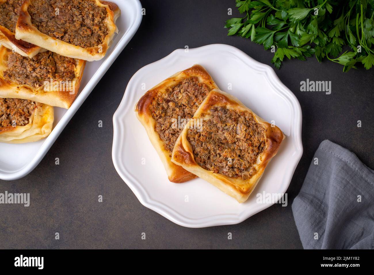 Traditional delicious Turkish foods; Kaytaz pastry with minced meat of ...