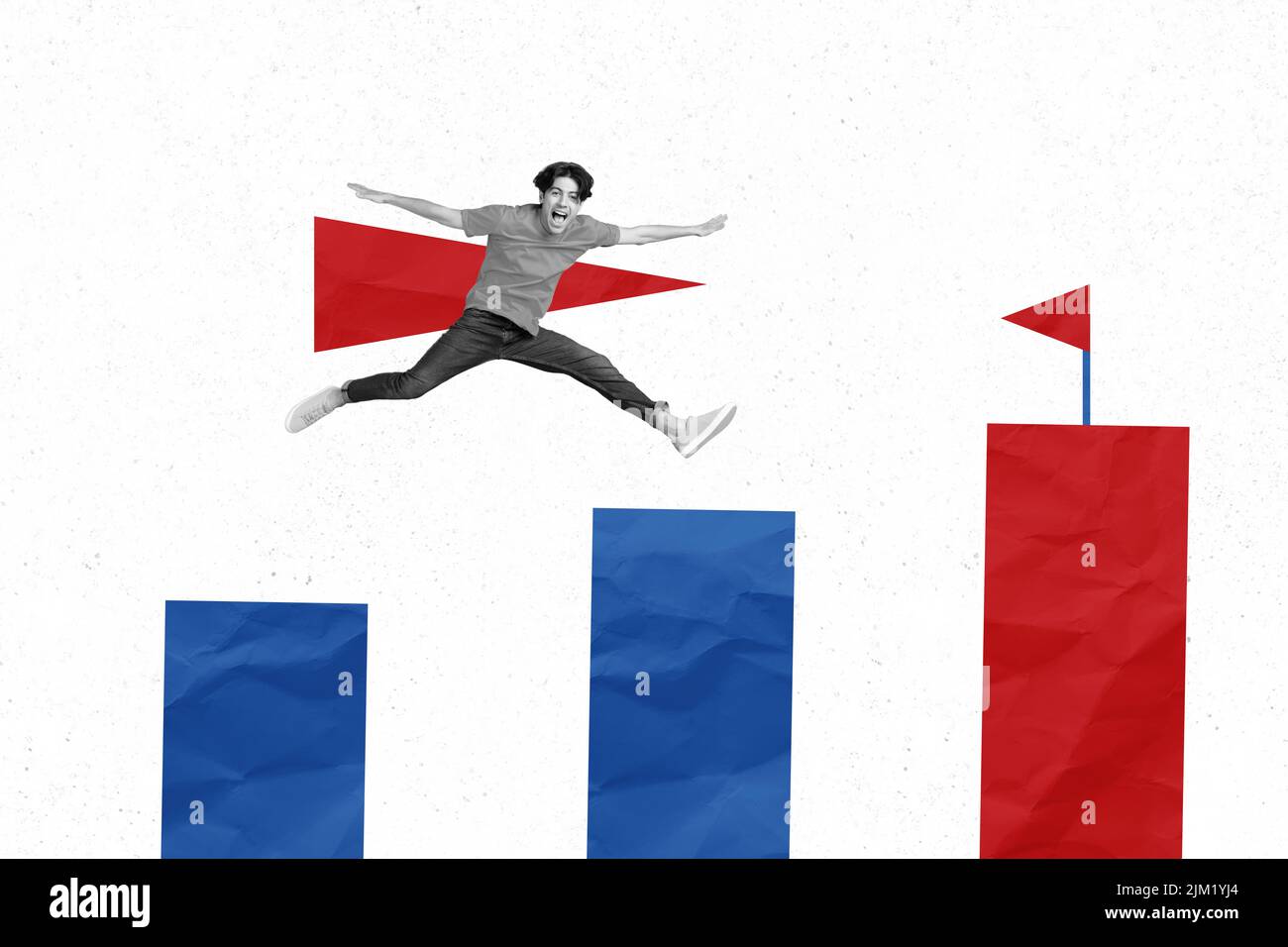 Poster collage of young man run to flag wear casual cloth isolated on ...