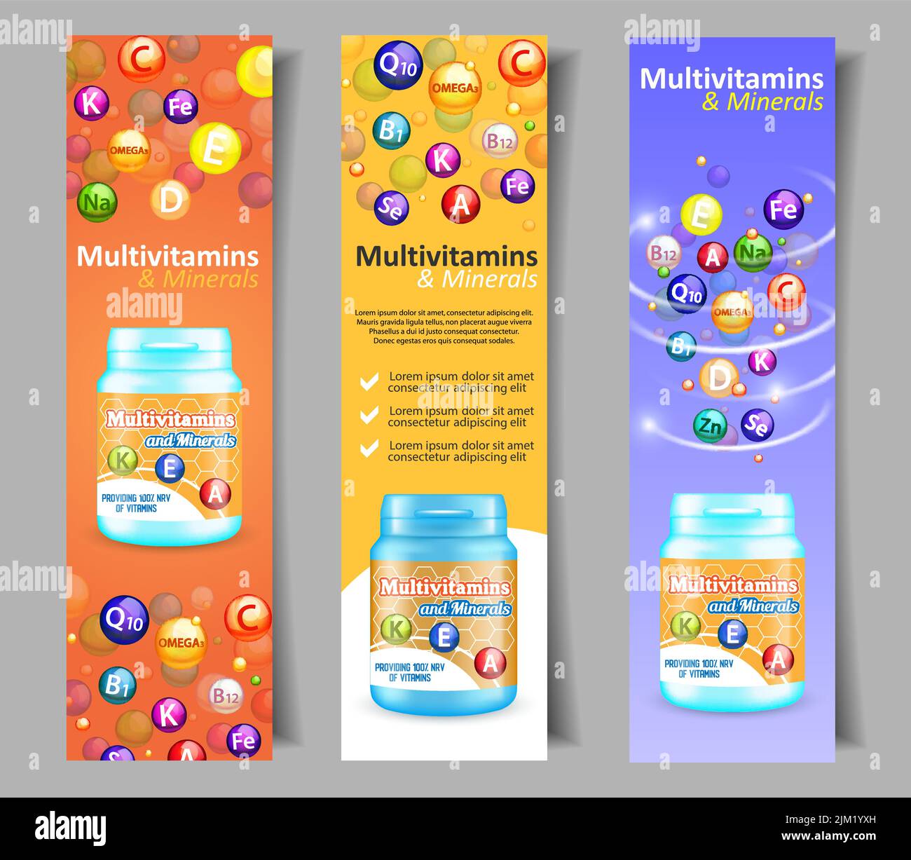 Vitamin and mineral complex vector banner set. Multivitamin falling ...