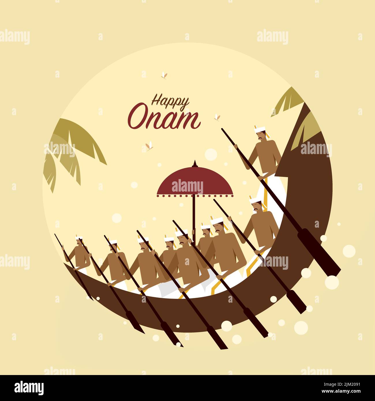 Onam greeting with traditional oarsmen rowing a snake boat during Onam ...