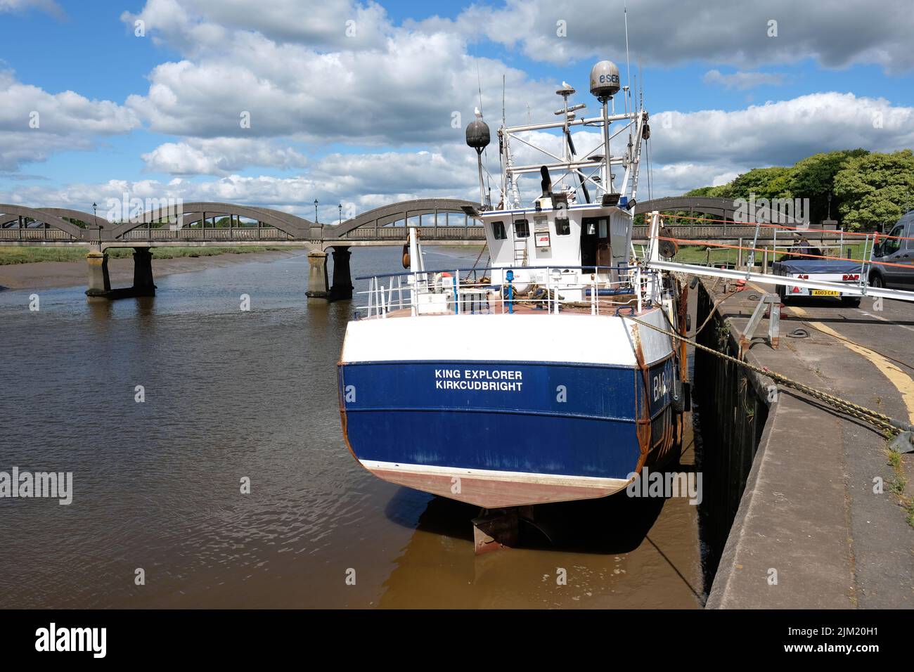 Fishing boat moored up on the River Dee at Kirkcudbright in Dumfries ...