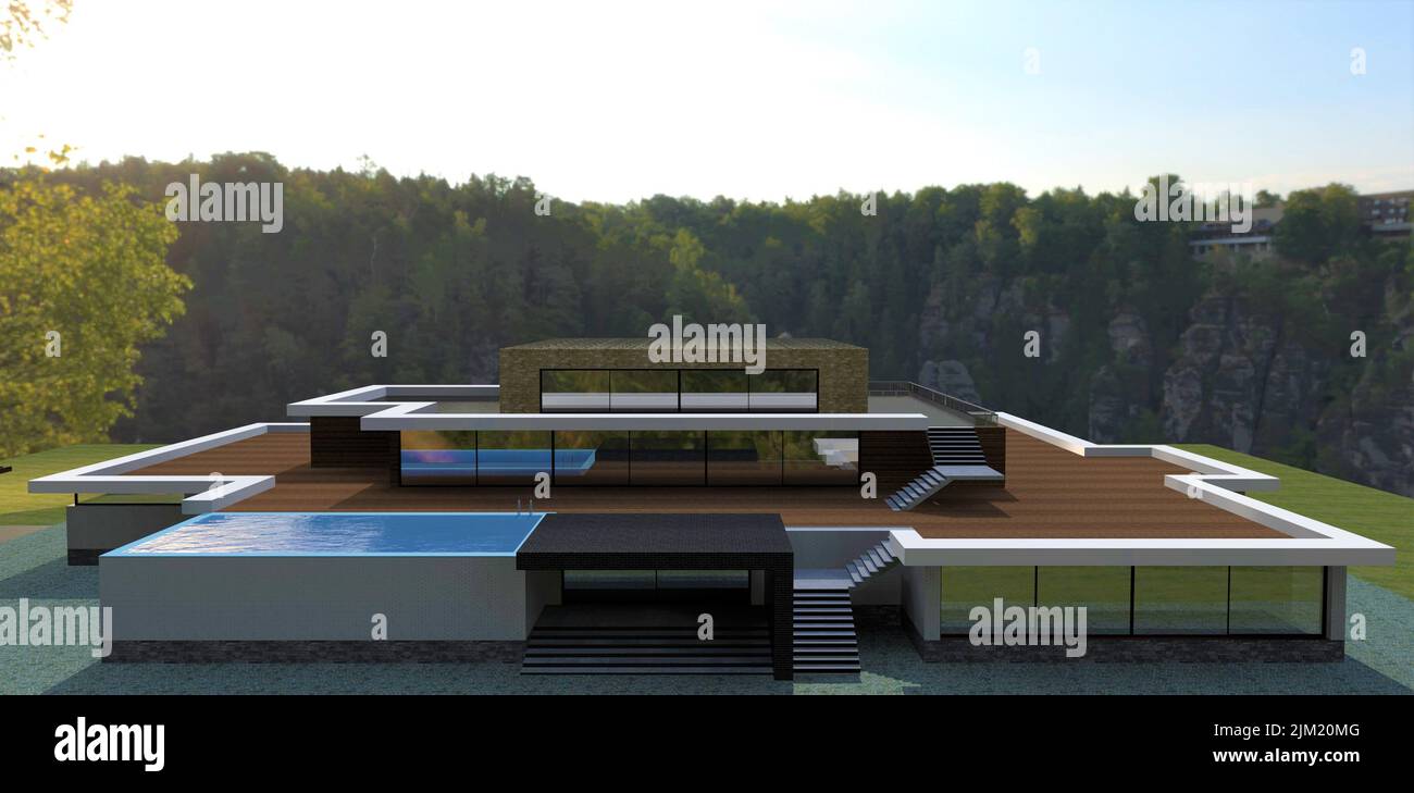 A bird's eye view of a luxury villa. Three levels. Spacious wooden ...