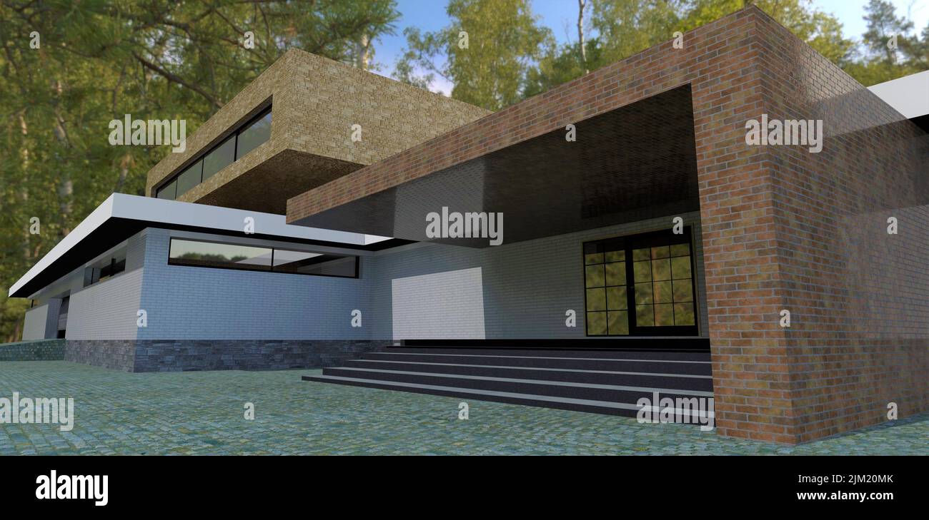 Conceptual porch design. Concrete steps. Entrance to advanced house ...