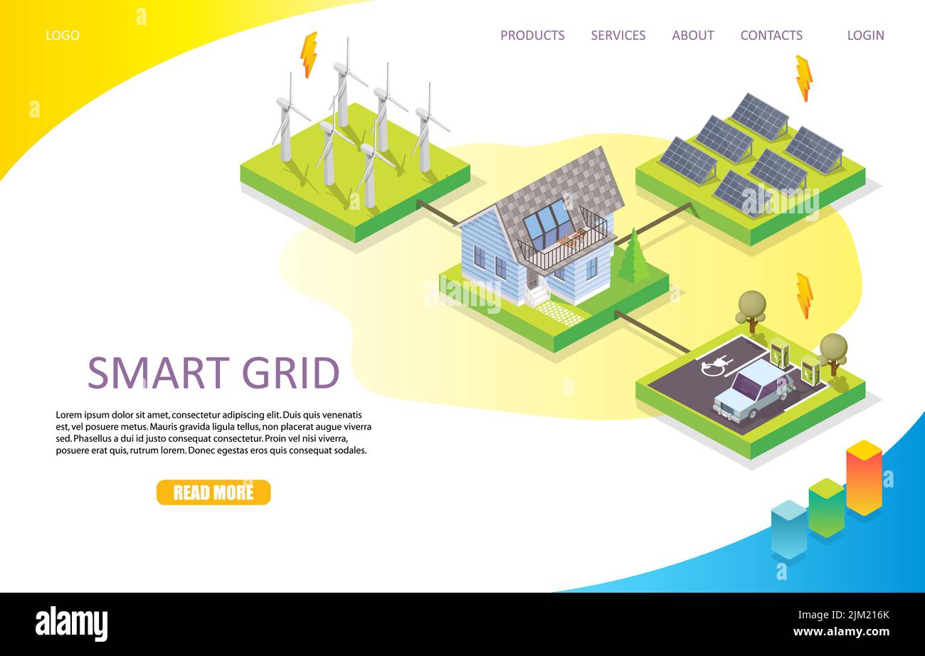 Smart grid network landing page website template. Vector isometric illustration. Wind and solar ...