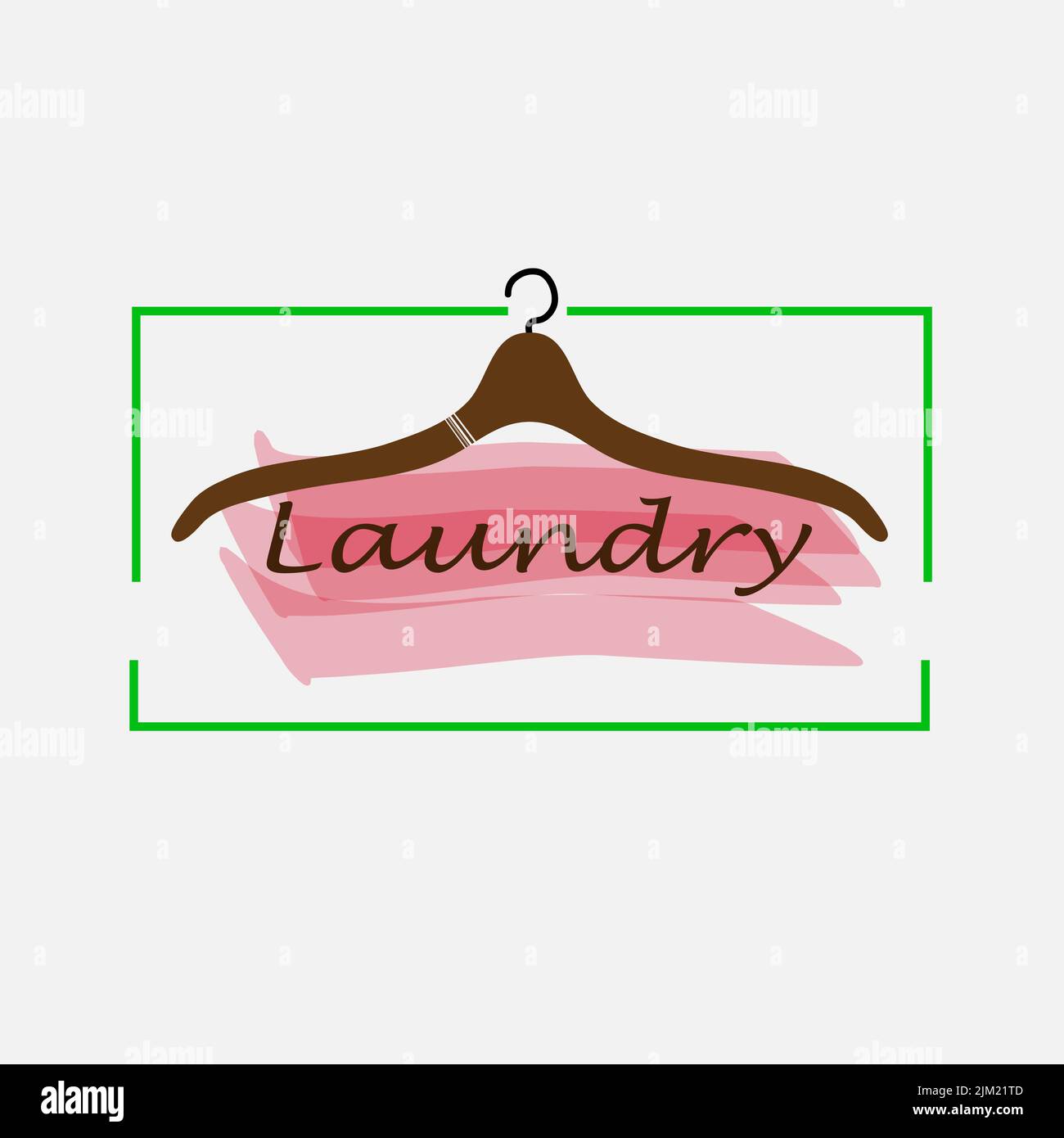 A laundry Logo design with a hanger, pink smears in a green rectangle ...