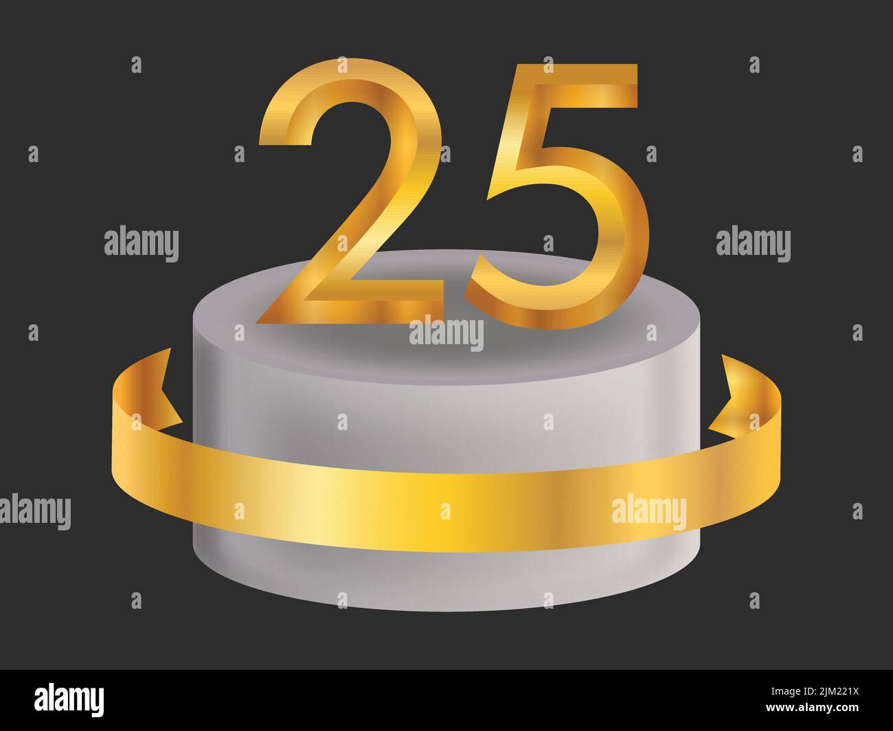 3D Golden 25 Number Over Podium With Ribbon On Black Background Stock ...