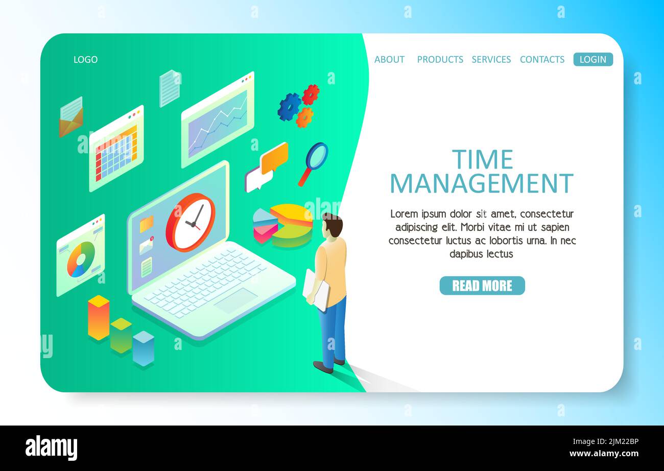Time management landing page website template. Vector isometric laptop ...