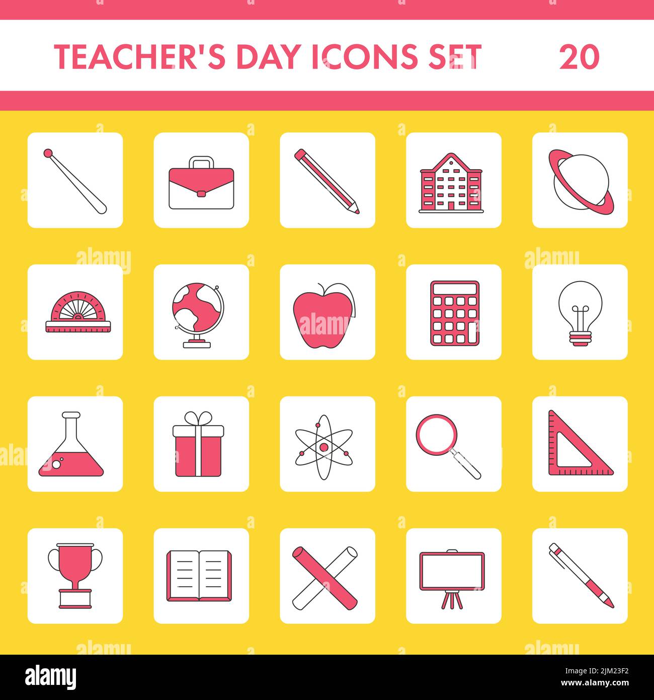 Set Of Red And White Teacher's Day Square Icons On Yellow Background ...