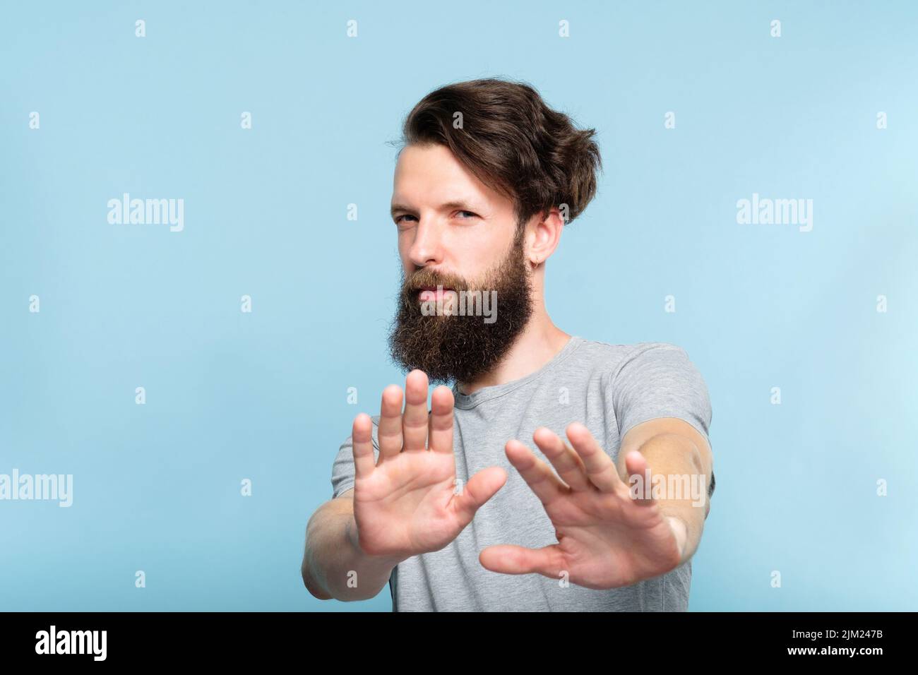 no rejection refusal hipster man hands push away Stock Photo - Alamy