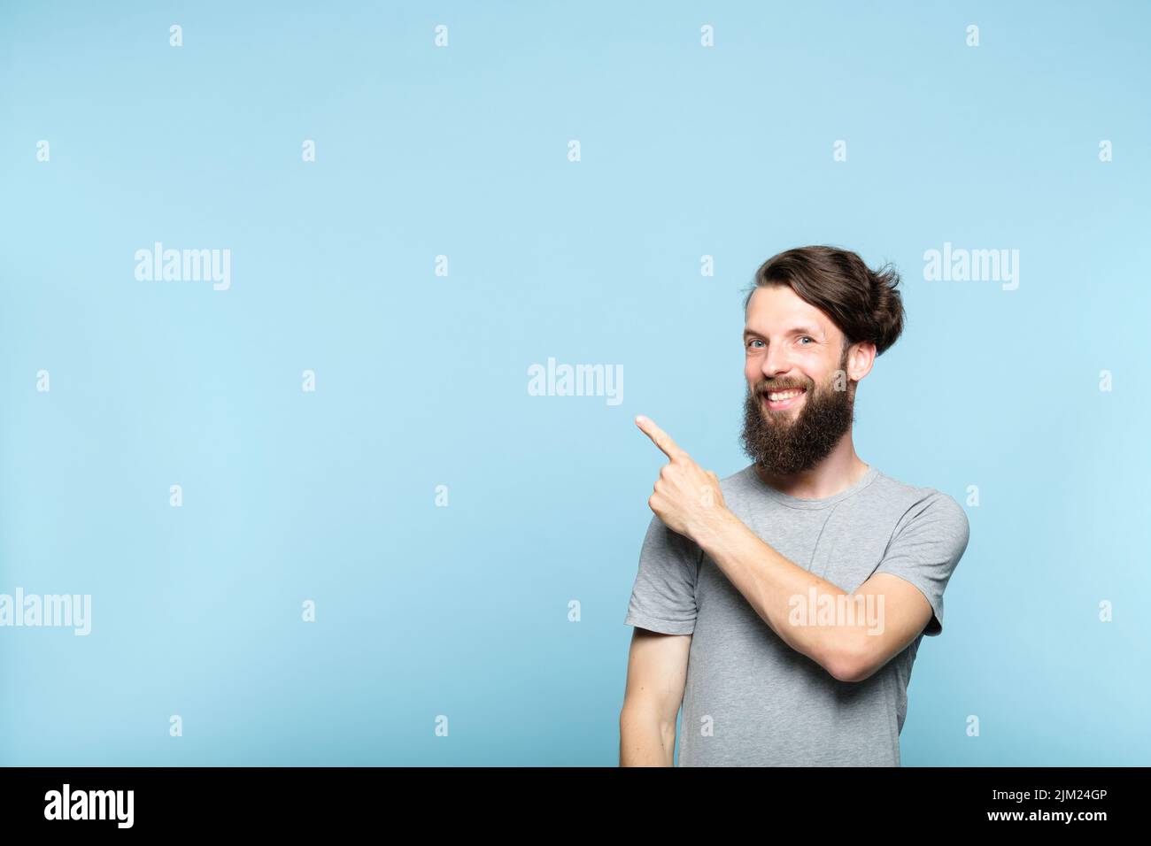 man point left above hipster bearded advertisement Stock Photo - Alamy