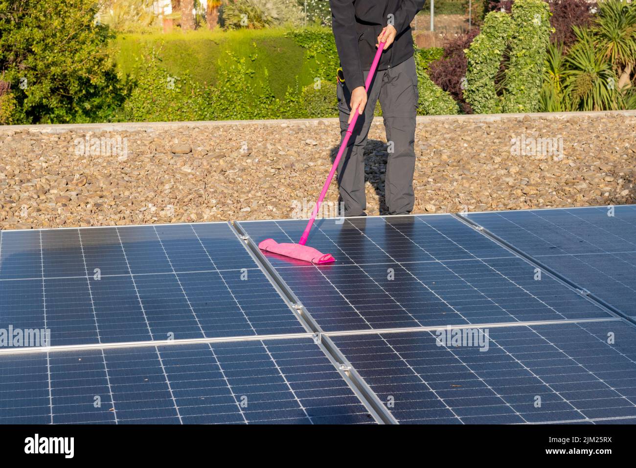 Unrecognizable young man cleaning with a mop a solar panel pant ...