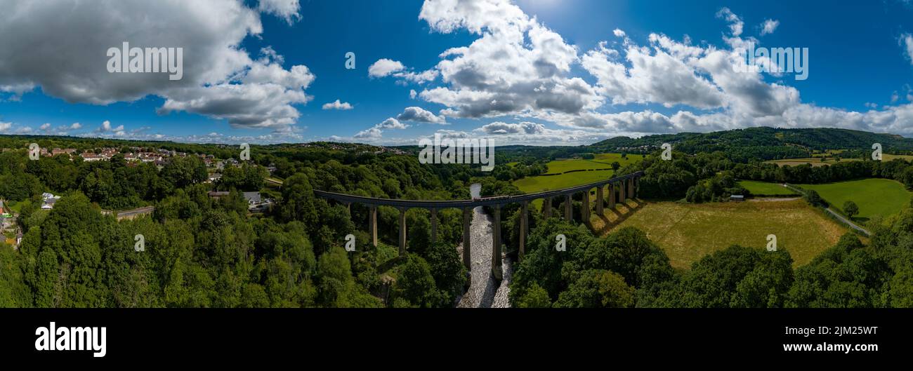 Canal Boats Crossing Pontcysyllte Aqueduct aerial view at a very busy ...