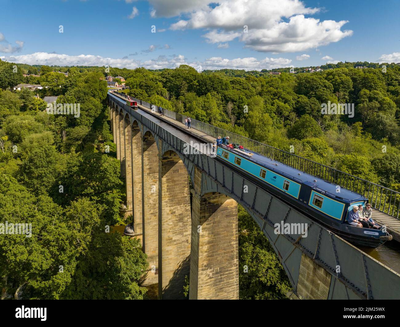 Canal Boats Crossing Pontcysyllte Aqueduct aerial view at a very busy ...