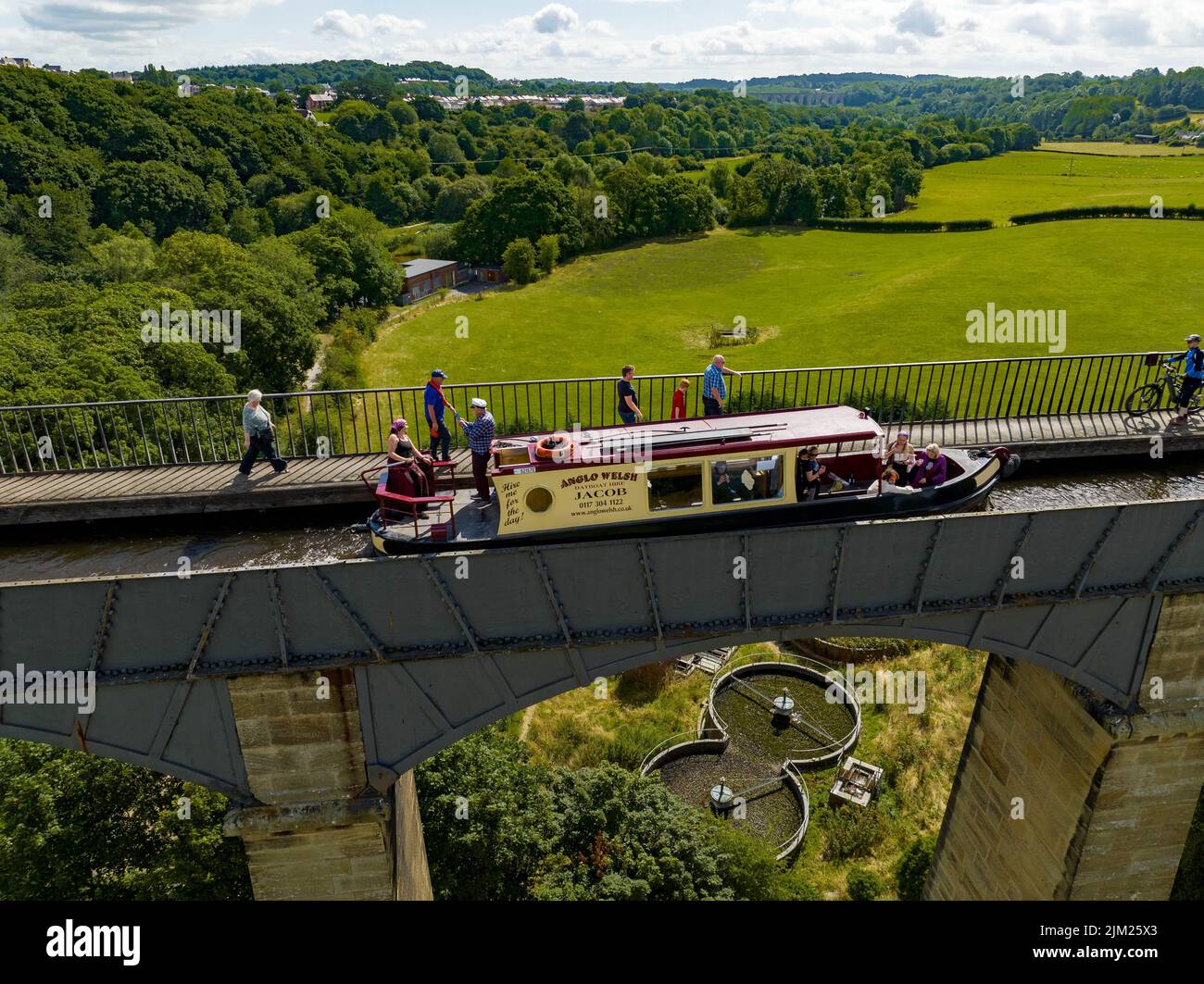 Canal Boats Crossing Pontcysyllte Aqueduct aerial view at a very busy ...