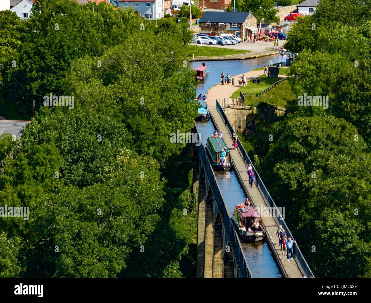 Canal Boats Crossing Pontcysyllte Aqueduct aerial view at a very busy ...