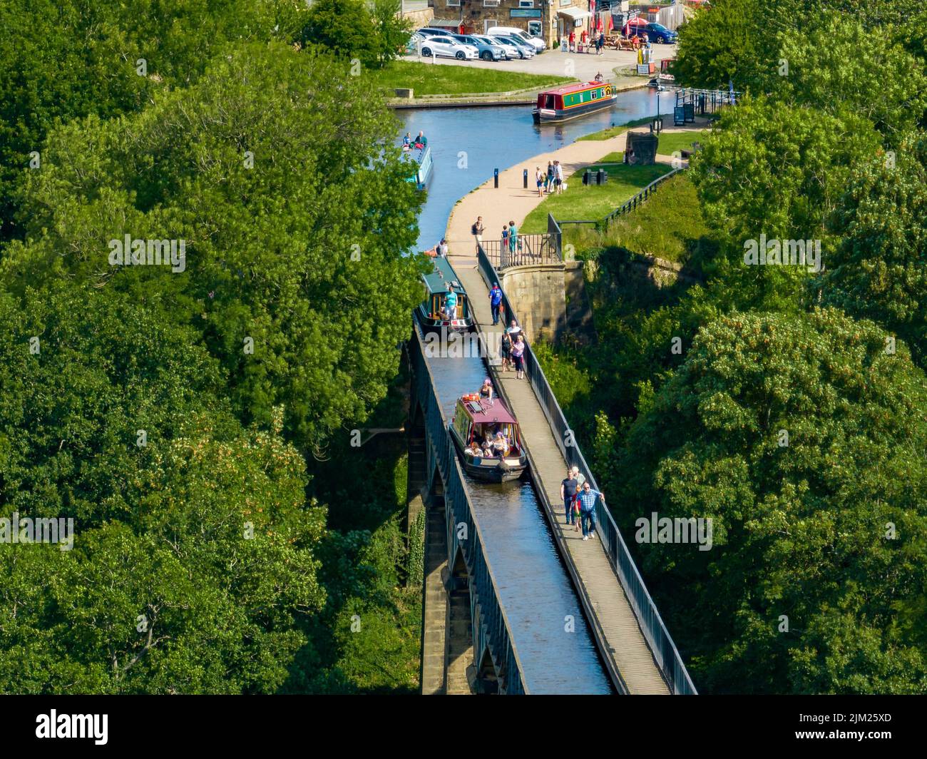 Canal Boats Crossing Pontcysyllte Aqueduct aerial view at a very busy ...