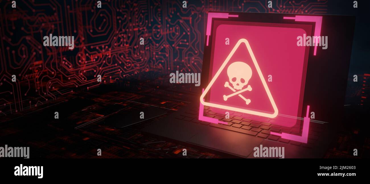 Computer System Error, Virus, Cyber attack, Malware Hack Concept Danger Skull Symbol. 3d ...