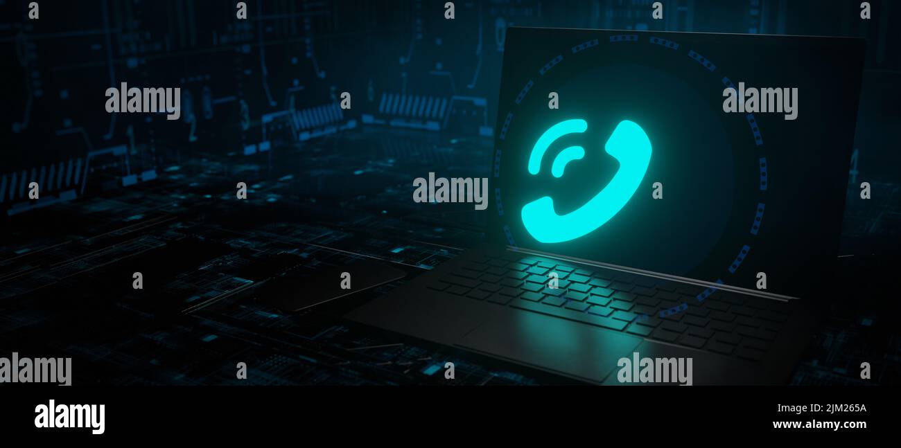 Communication Technology Concept phone symbol on a Laptop. Blue Data ...