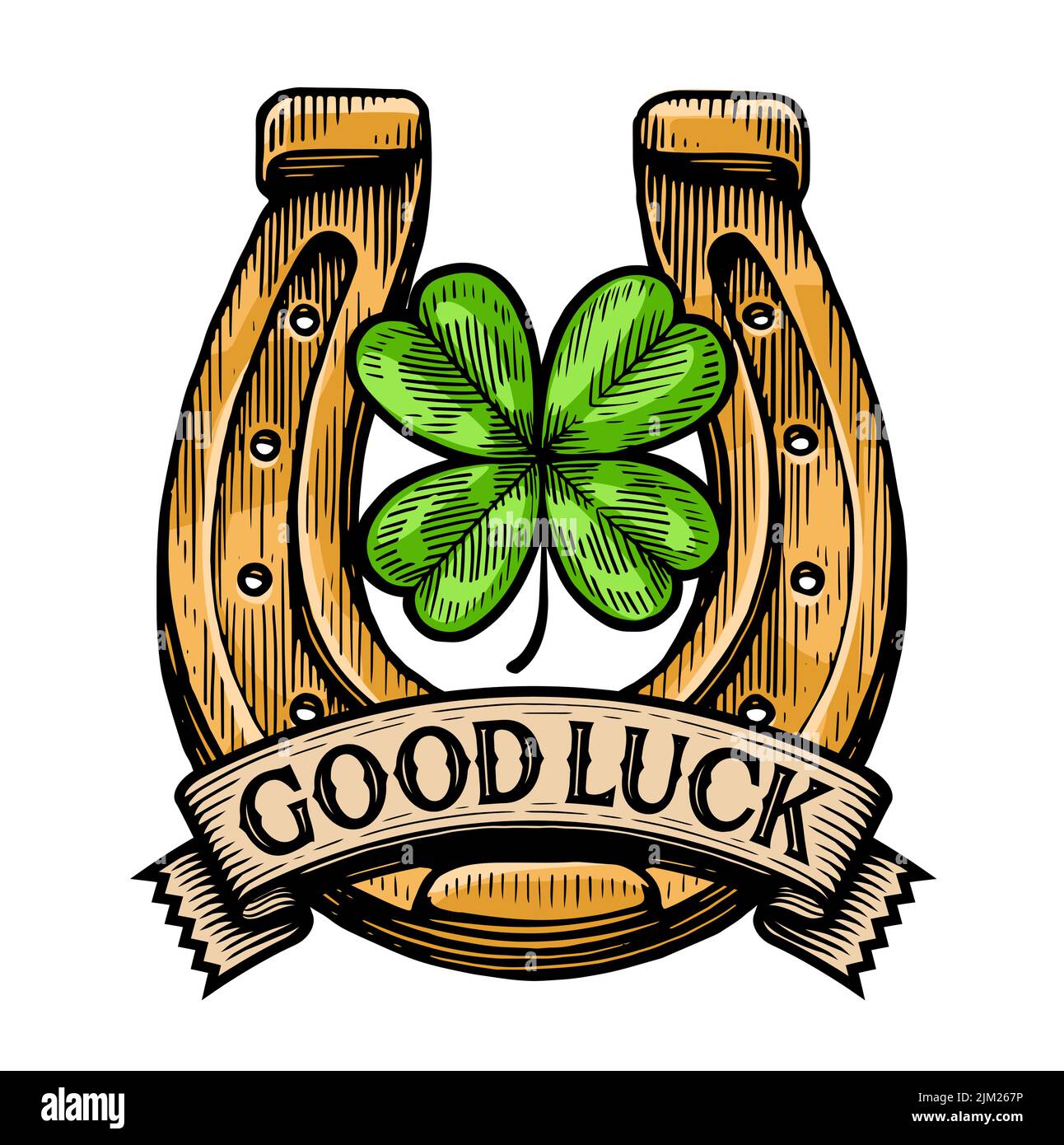 Golden horseshoe with quatrefoil and ribbon with inscription GOOD LUCK ... Golden horseshoe with quatrefoil and ribbon with inscription GOOD LUCK ...