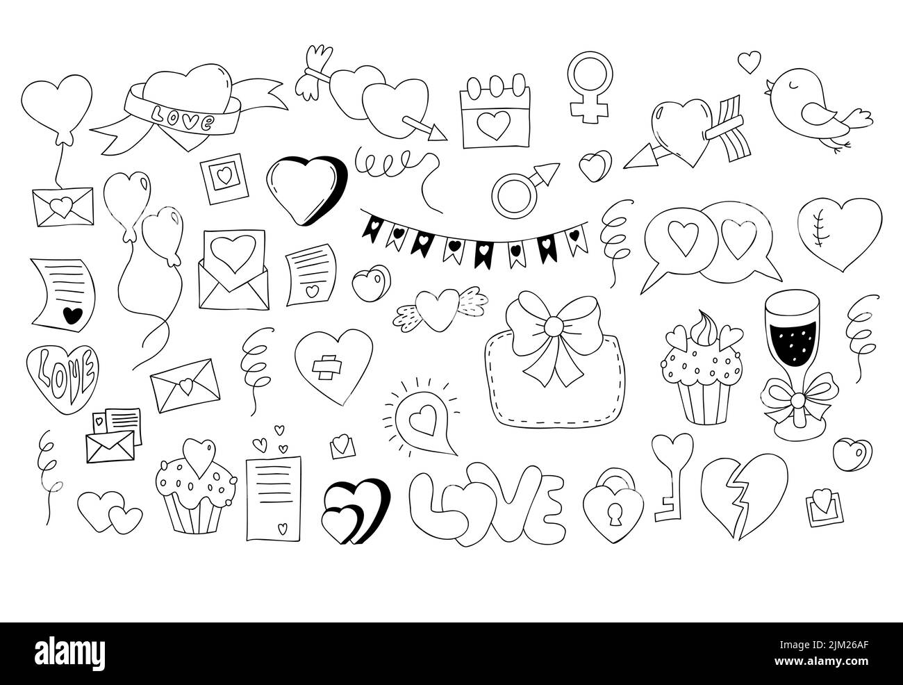 Collection, love, romance and wedding doodles. Letters of love, cupids ...